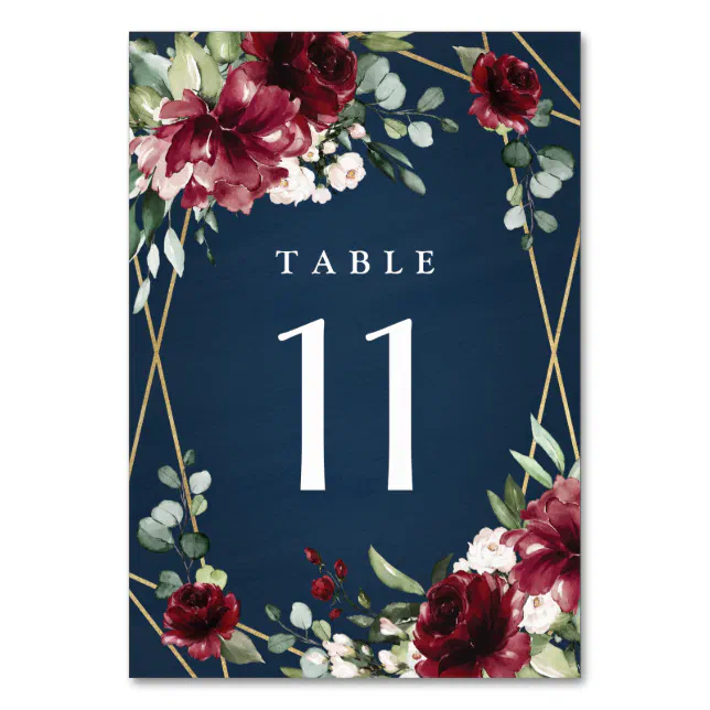 Navy Blue Burgundy Blush Pink Gold Floral Wedding Table Number | Zazzle