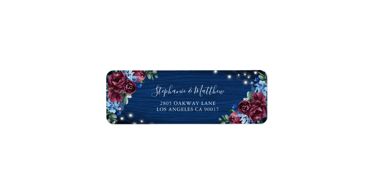 Navy Blue Burgundy Floral Lights Wedding Label | Zazzle