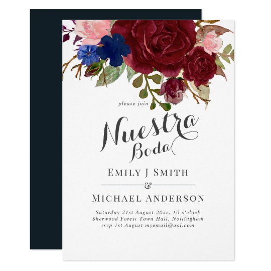 Navy Blue Burgundy Floral Nuestra Boda Spanish Invitation | Zazzle.com