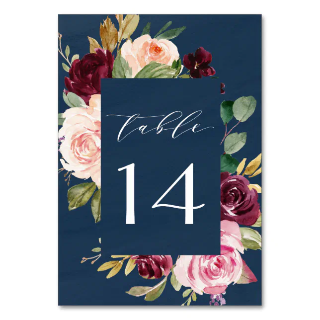 Navy Blue Burgundy Gold Blush Pink Floral Wedding Table Number | Zazzle