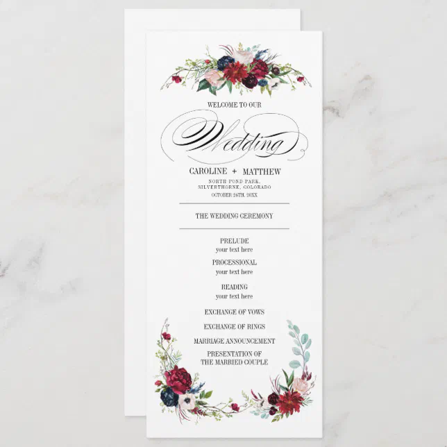 Navy Blue | Burgundy Red Floral Wedding Program | Zazzle