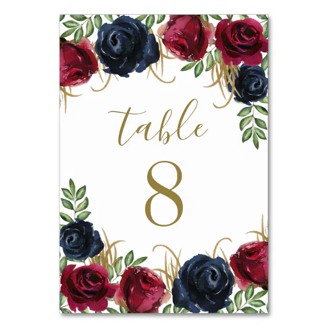 Navy Blue Burgundy Wedding Table Number Cards | Zazzle