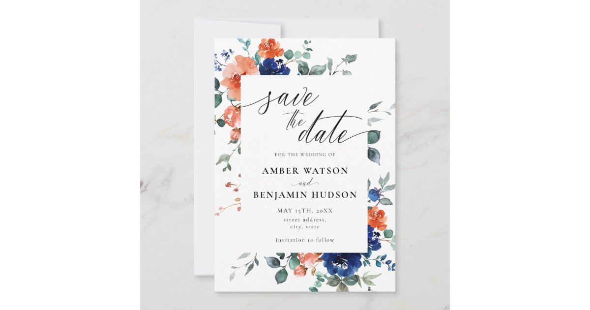 Navy Blue Burnt Orange Wedding Save The Date Invitation | Zazzle