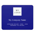 Navy blue business logo name opening hours door sign | Zazzle