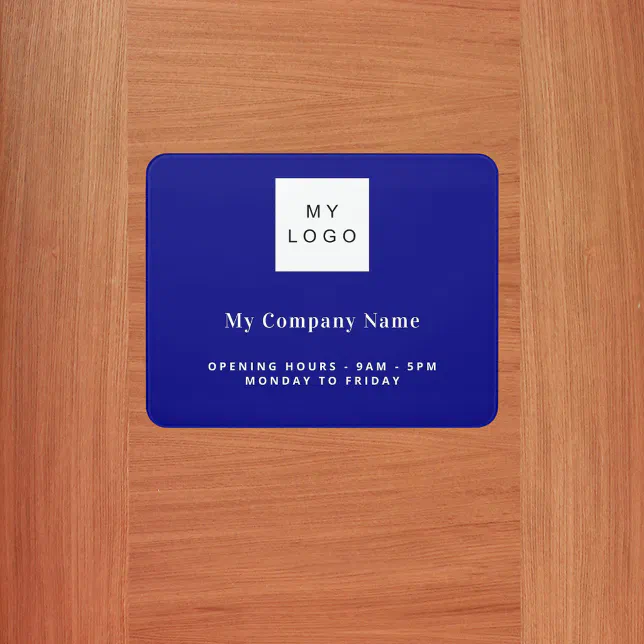 Navy blue business logo name opening hours door sign | Zazzle