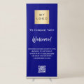 Navy blue business logo opening hours QR code Retractable Banner | Zazzle