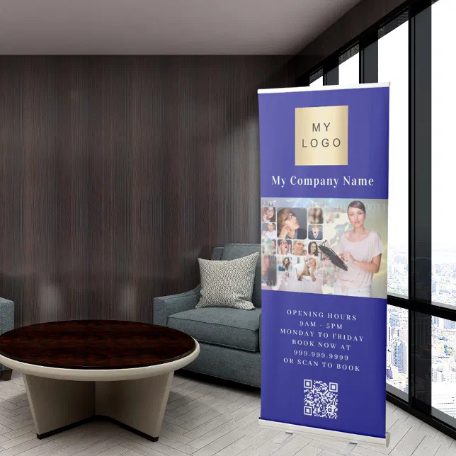 Navy blue business logo photo QR-code Retractable Banner | Zazzle