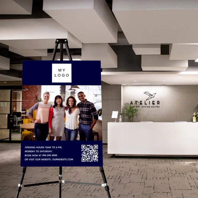 Navy Blue Business Logo Photo Welcome Qr Code Foam Board Zazzle