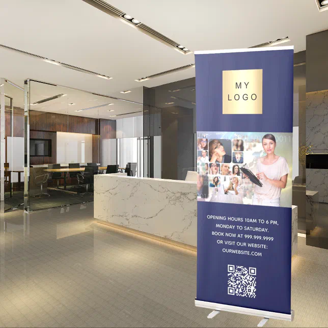 Navy blue business logo photo welcome QR-code Retractable Banner | Zazzle