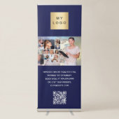 Navy blue business logo photo welcome QR-code Retractable Banner | Zazzle