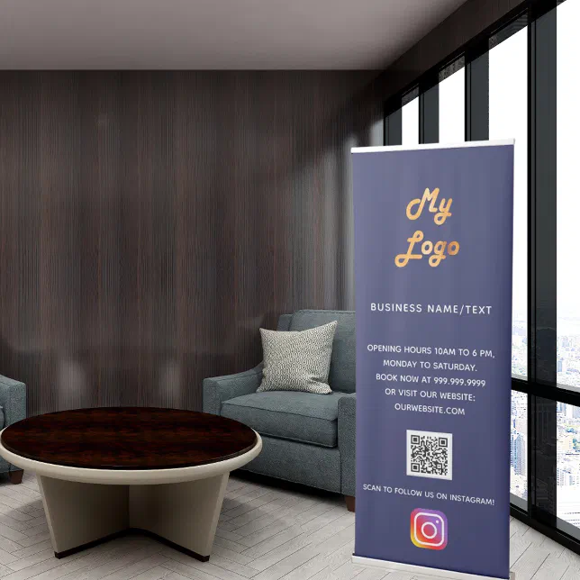 Navy blue business logo qr code instagram retractable banner | Zazzle
