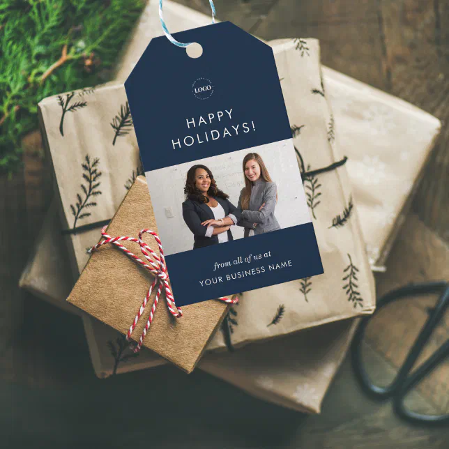 Navy Blue Business Xmas Logo Team Photo Company Gift Tags | Zazzle