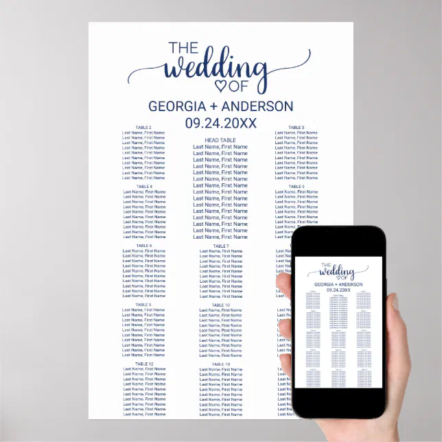 Navy Blue Calligraphy Head Table Seating Chart | Zazzle