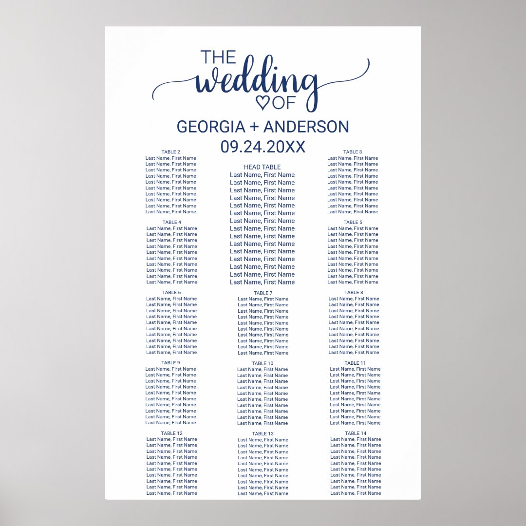 Navy Blue Calligraphy Head Table Seating Chart | Zazzle