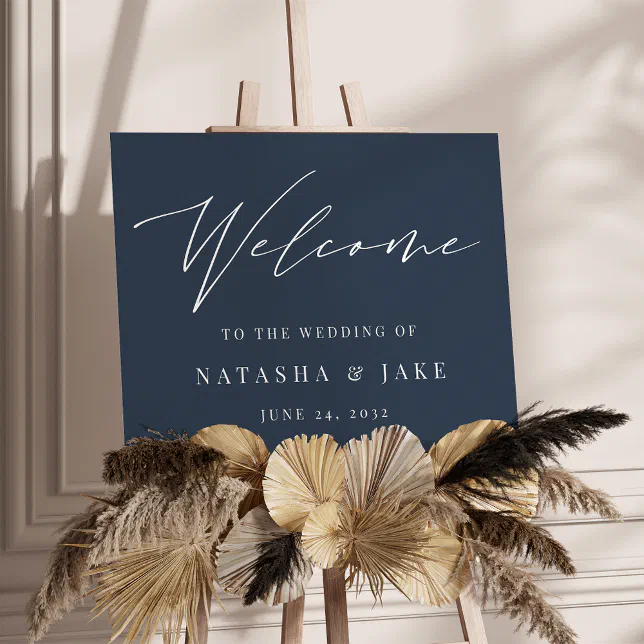 Navy Blue Calligraphy Script Wedding Welcome Sign | Zazzle