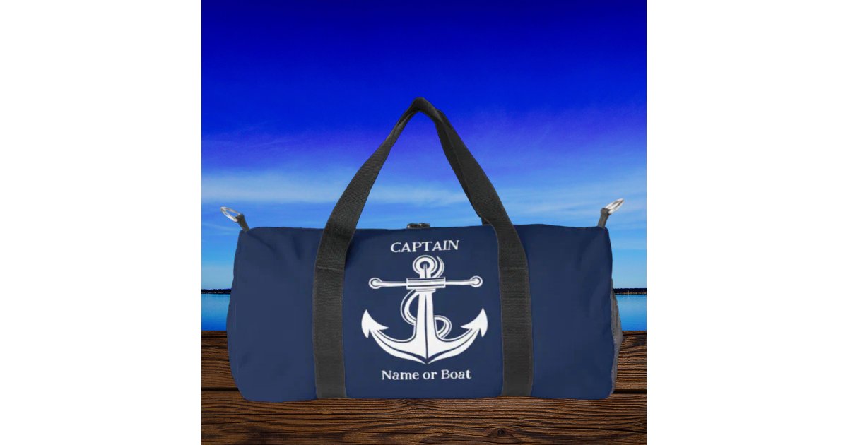 Navy Blue Captain Anchor Nautical Boat Name Duffle Bag | Zazzle