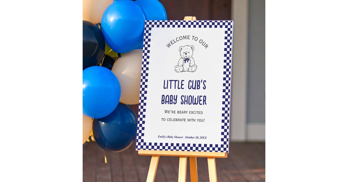 Navy Blue Checkered Teddy Bear-Baby Welcome Sign | Zazzle