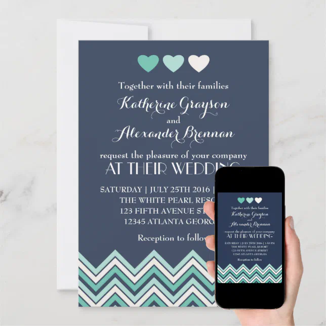 Navy Blue Chevron Pattern Wedding Invitation | Zazzle