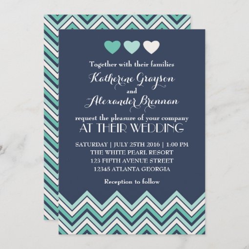 Navy Blue Chevron Pattern Wedding Invitation | Zazzle
