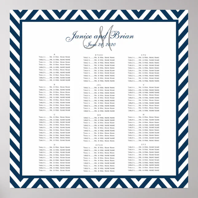 Navy Blue Chevron Wedding Seating Chart 150 | Zazzle