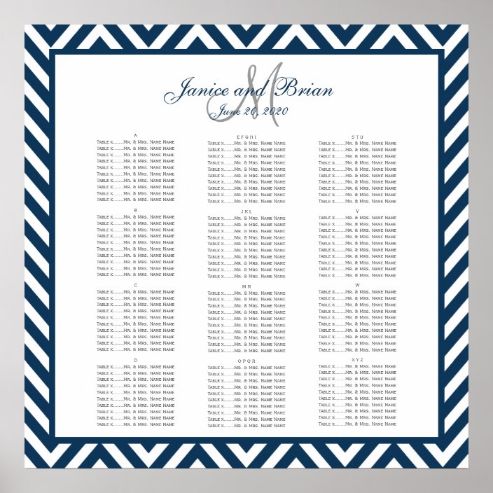 Navy Blue Chevron Wedding Seating Chart 150 | Zazzle.com
