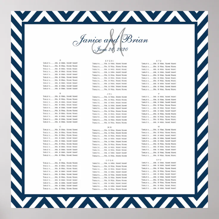Navy Blue Chevron Wedding Seating Chart 150 | Zazzle