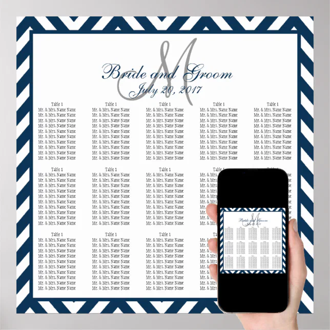 Navy Blue Chevron Wedding Seating Chart 150 | Zazzle