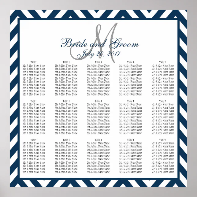 Navy Blue Chevron Wedding Seating Chart 150 | Zazzle