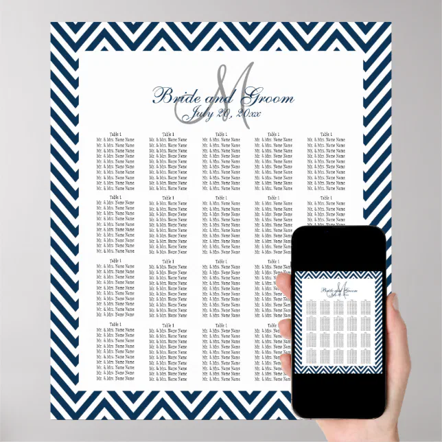 Navy Blue Chevron Wedding Seating Chart 200 | Zazzle