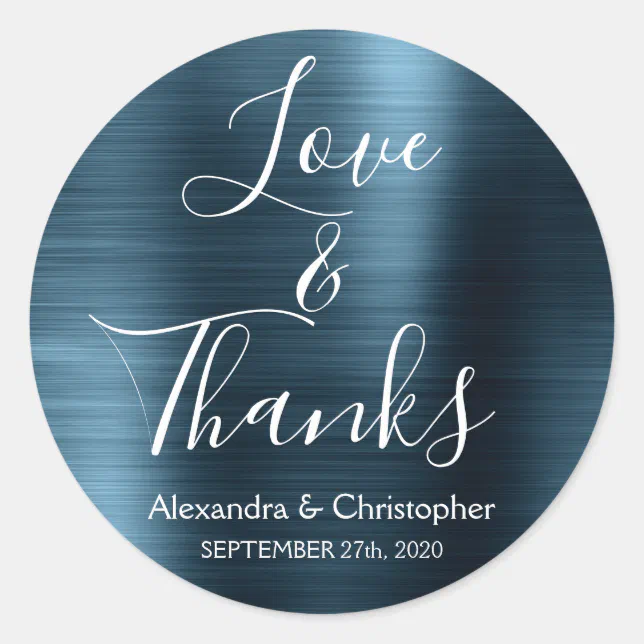 Navy Blue Chic Metallic Love & Thanks Classic Round Sticker | Zazzle
