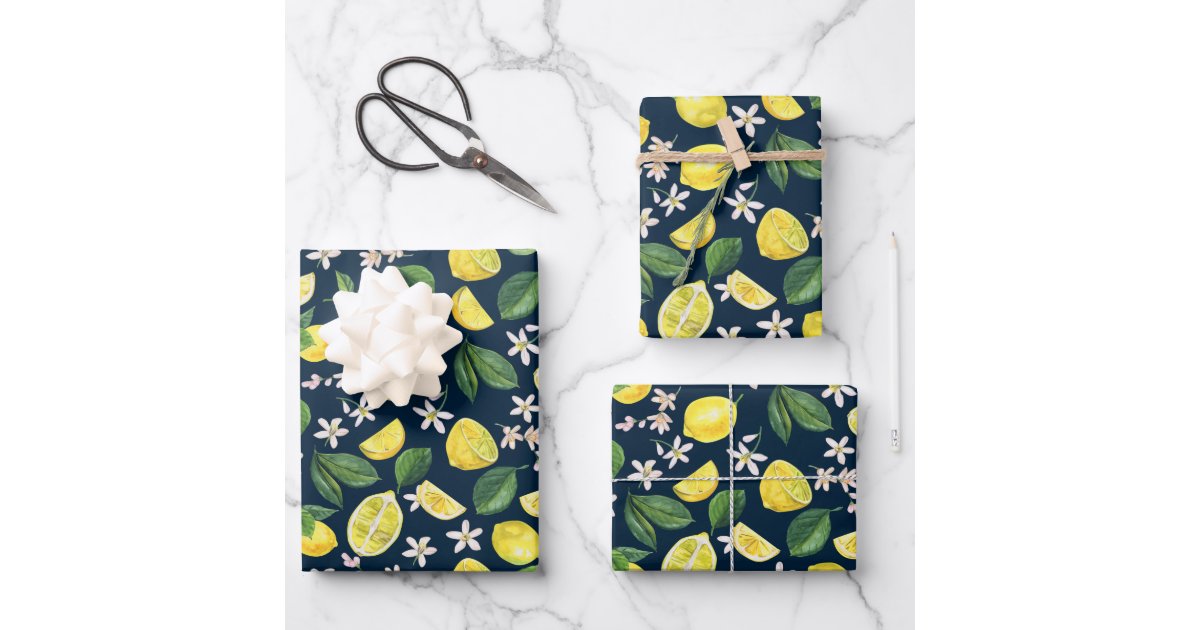 Navy Blue Citrus Lemon Floral Wrapping Paper Sheets | Zazzle
