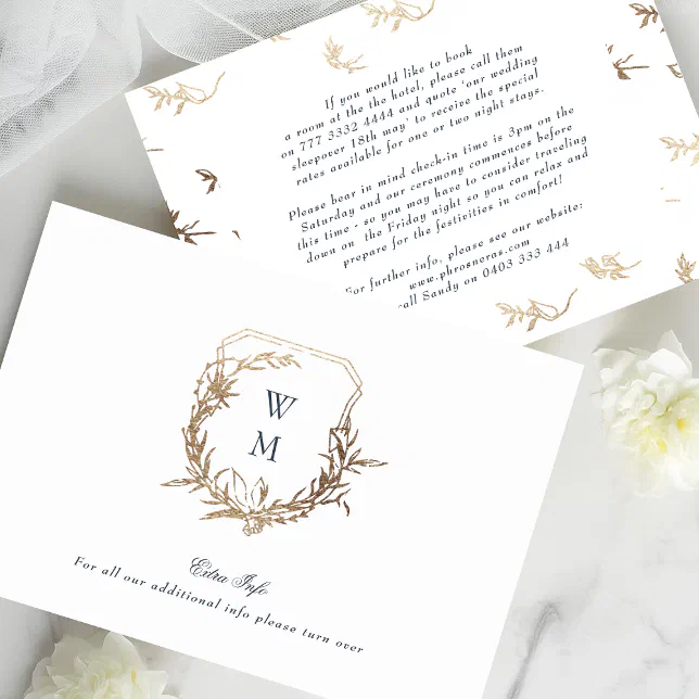 Navy Blue Classic Gold crest wedding details Enclosure Card | Zazzle