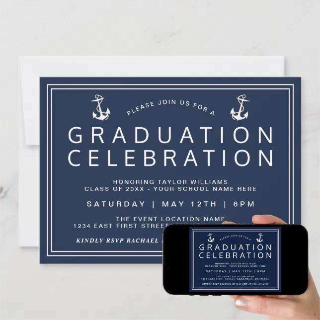 Navy Blue Classic Nautical Graduation Invitation | Zazzle