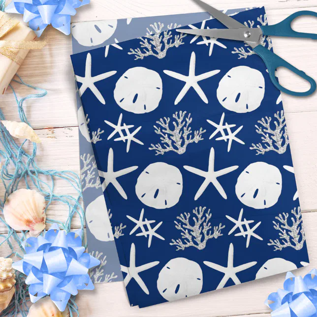 Navy Blue Coastal Christmas Sand Dollar Starfish Tissue Paper | Zazzle