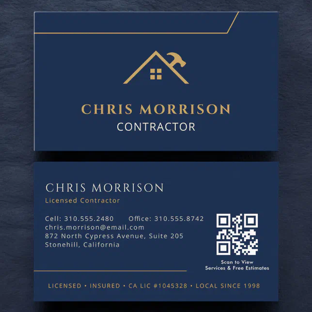 Navy Blue Contractor Construction QR Code Business Card | Zazzle