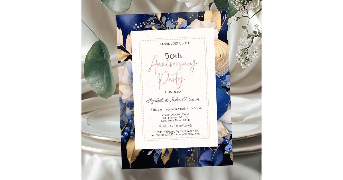 Navy Blue Cream Flowers Wedding Anniversary Invitation | Zazzle