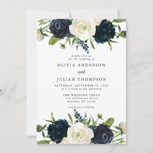 Navy Blue & Cream White Floral Watercolor Wedding Invitation | Zazzle