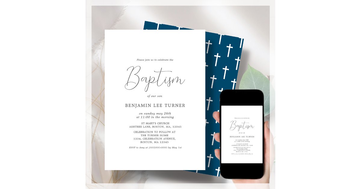 Navy Blue Cross | Baptism Invitation | Zazzle