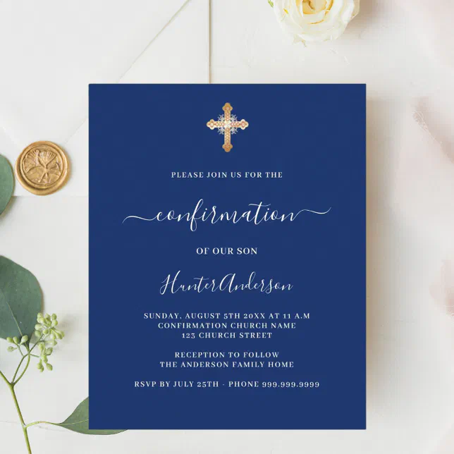 Navy blue cross boy confirmation invitation | Zazzle