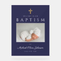 Navy Blue Cross Photo Boy Baptism Welcome Acrylic Sign | Zazzle