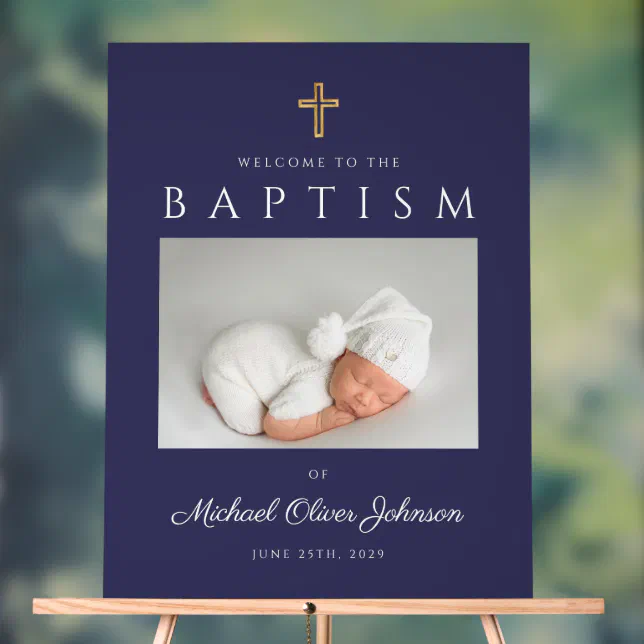 Navy Blue Cross Photo Boy Baptism Welcome Acrylic Sign | Zazzle