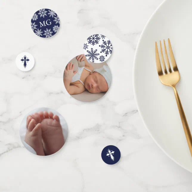 Navy Blue Cross Snowflakes Photo Winter Baptism Confetti | Zazzle