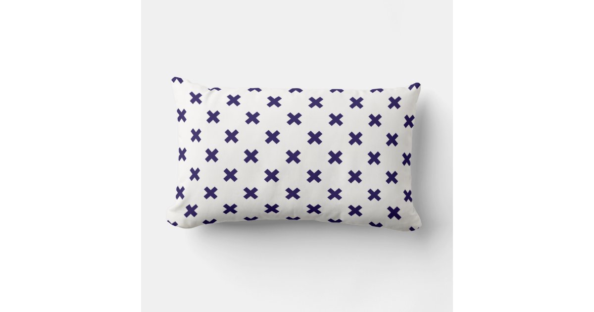 Navy blue cross stitches on white lumbar pillow | Zazzle