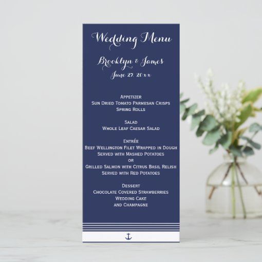 Navy Blue Custom Nautical Wedding Menu Cards | Zazzle