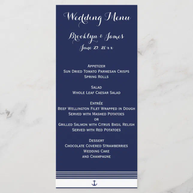 Navy Blue Custom Nautical Wedding Menu Cards | Zazzle