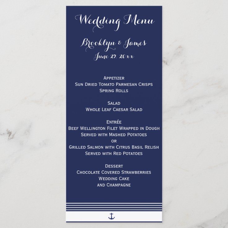 Navy Blue Custom Nautical Wedding Menu Cards | Zazzle