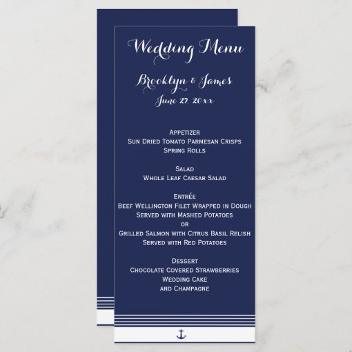 Navy Blue Custom Nautical Wedding Menu Cards | Zazzle