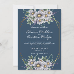Navy Blue Daisy Hand Lettered Geometric Wedding Invitation | Zazzle