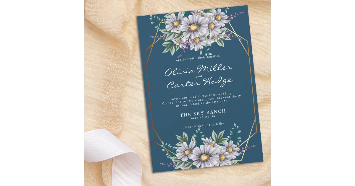 Navy Blue Daisy Hand Lettered Geometric Wedding Invitation | Zazzle
