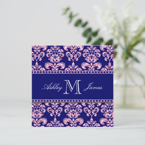 Navy Blue Damask Wedding Printed Pink Glitter Invitation | Zazzle